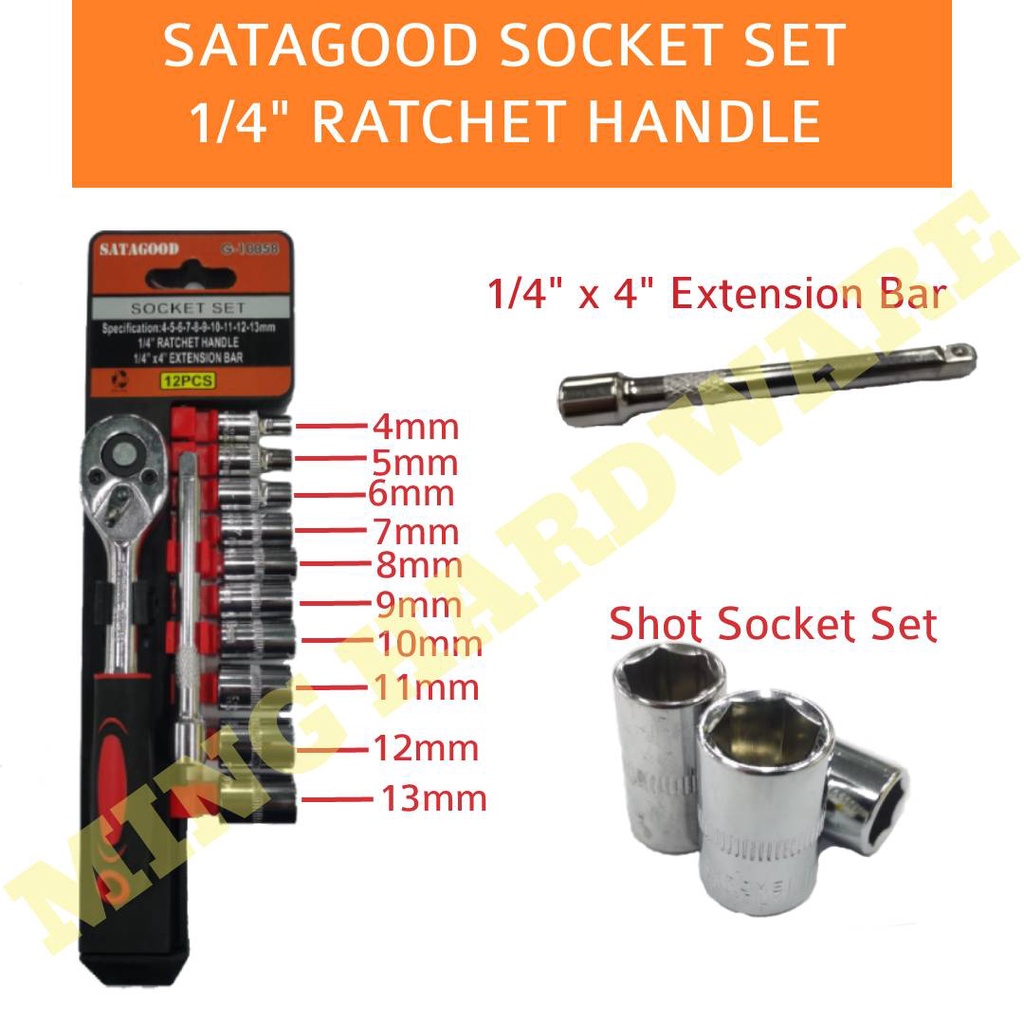 SATAGOOD 12PCS SET RATCHET WRENCH LONG SOCKET SET 1/2", 3/8" & 1/4 ...