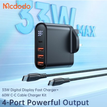 MCDODO 33W 4PORT / DUAL OUTPUT DIGITAL DISPLAY FAST CHARGER ADAPTER USB-C PD + QC SUPER FAST ...