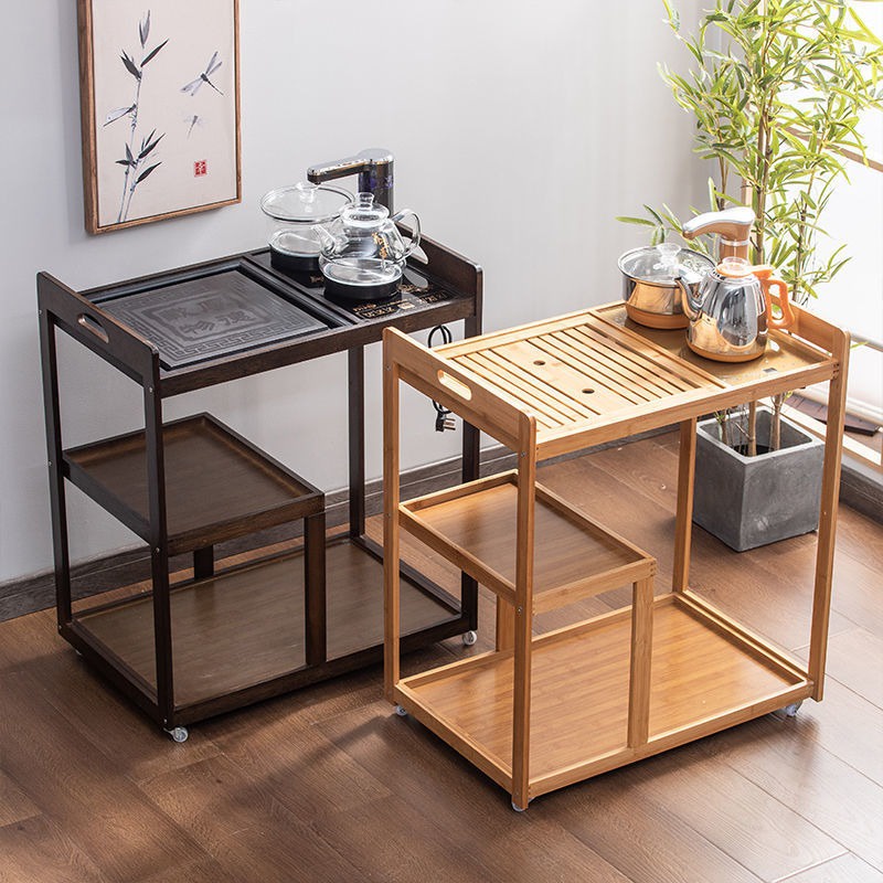 Mobile tea table household tea cabinet solid wood tea set with wheels ...