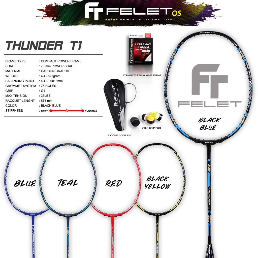 FELET THUNDER T1 BADMINTON RACQUET 35LBS 4U 82G 76HOLES 100% ORI BY ...