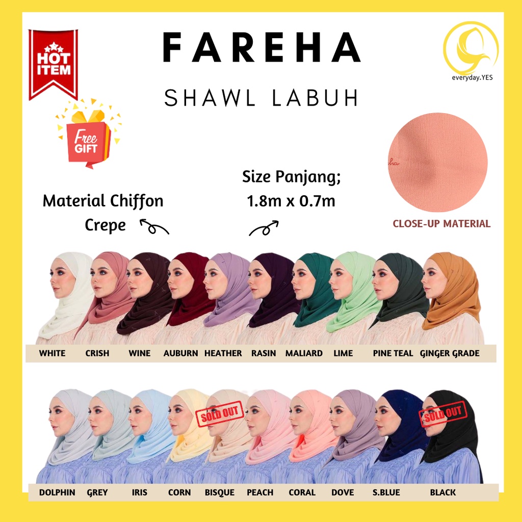 Shawl Fareha Terbaru Chiffon / Selendang Labuh Panjang / Ironless ...