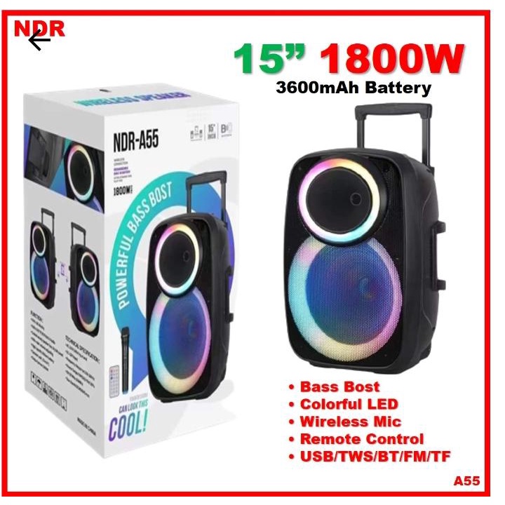 NDR A55 15" Portable 1800W outdoor Speaker with mic and remote control | Shopee Malaysia