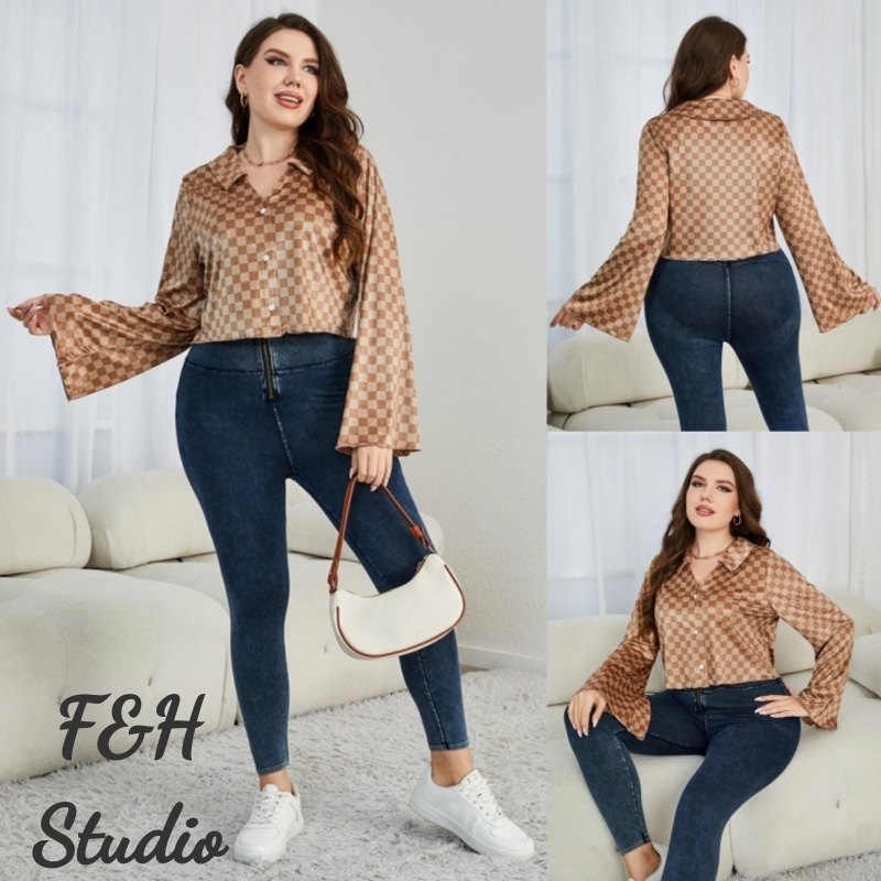 F&H 3223-S-4XL Grid Long Sleeve Plus Size Women In Imitation Silk Shirt | Shopee Malaysia