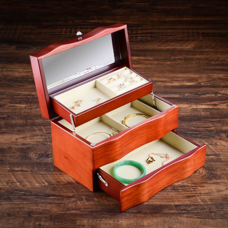 Ezego Solid Wooden Jewelry Box with Mirror European Style Three-Layer ...
