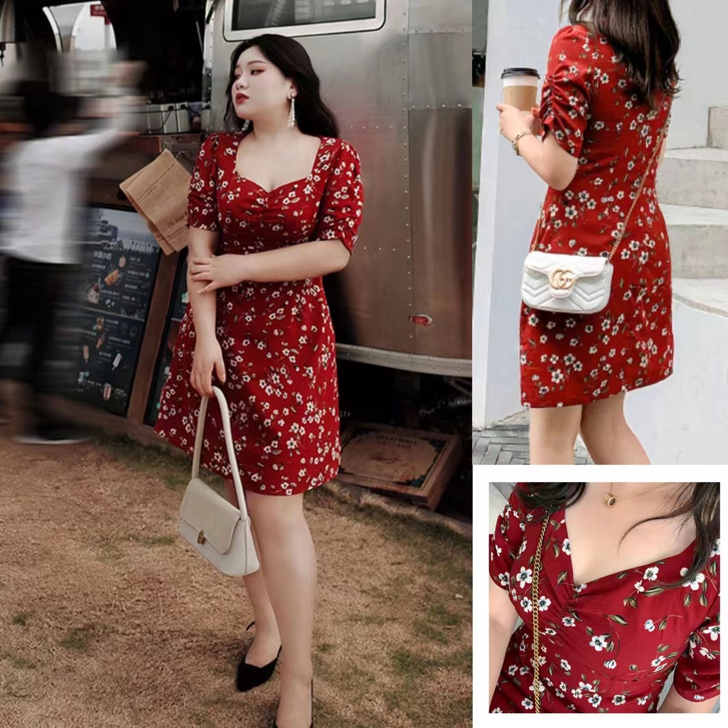 New 50-100kg Plus size women's square collar red floral short-sleeve ...