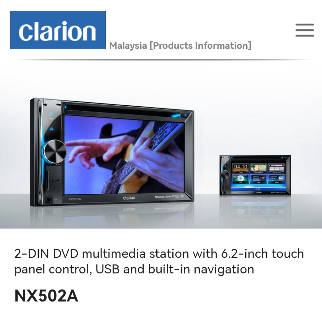 CLARION NX-502A-2 DIN DVD multimedia station with 6.2-inch touch panel control, USB and built-in ...