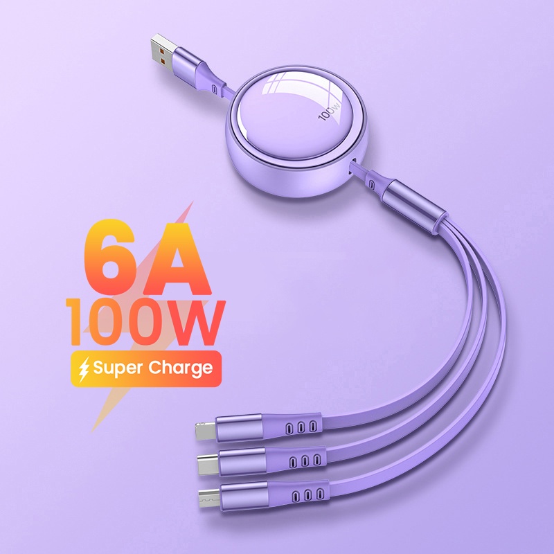 100W 3 in 1 Retractable Fast Charging Cable Multiple USB Cord Type C ...