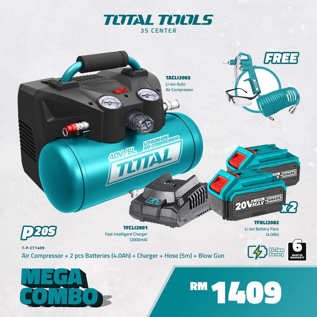 TOTAL Air Compressor + 2 pcs Batteries + Charger + Hose + Blow Gun ...