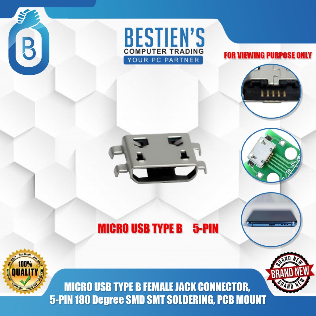 MICRO USB TYPE B FEMALE JACK CONNECTOR, 5-PIN 180 Degree SMD SMT ...