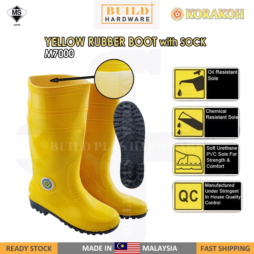 KORAKOH M7000 Yellow PVC Rubber Boot With Sock (Size: 39-44) 黄色水鞋 Kasut ...