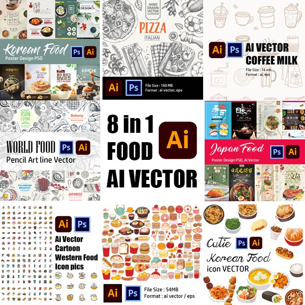 Ai Vector Element - Food Vector Art 8 in 1 Bundle -Korea Japan Western ...