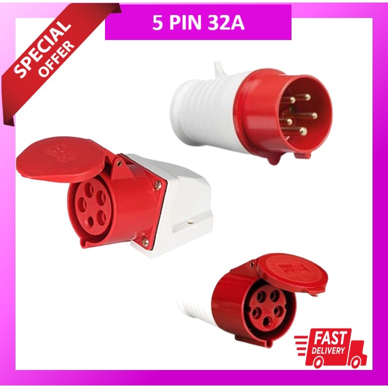 32A 5 PIN INDUSTRIAL PLUG WALL SOCKET CONNECTOR (RED)THREE PHASE ...