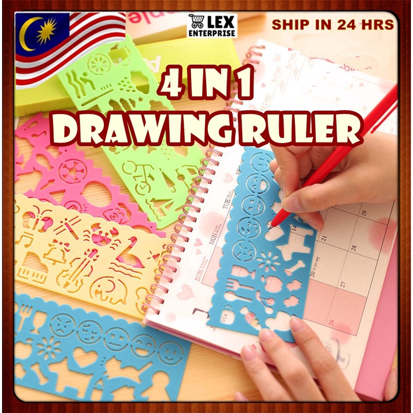 【4 in 1】4 Pcs Drawing Ruler 4 colors kid learning draw line kit ...
