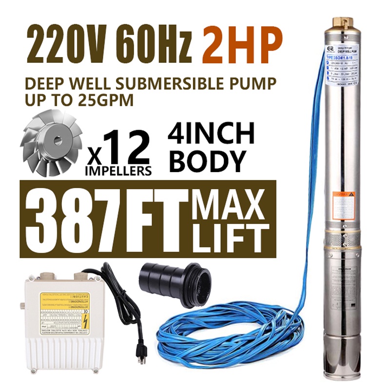 220V 60Hz Deep Well Submersible Pump 2HP Water Pump 4'' Body 1.25 ...