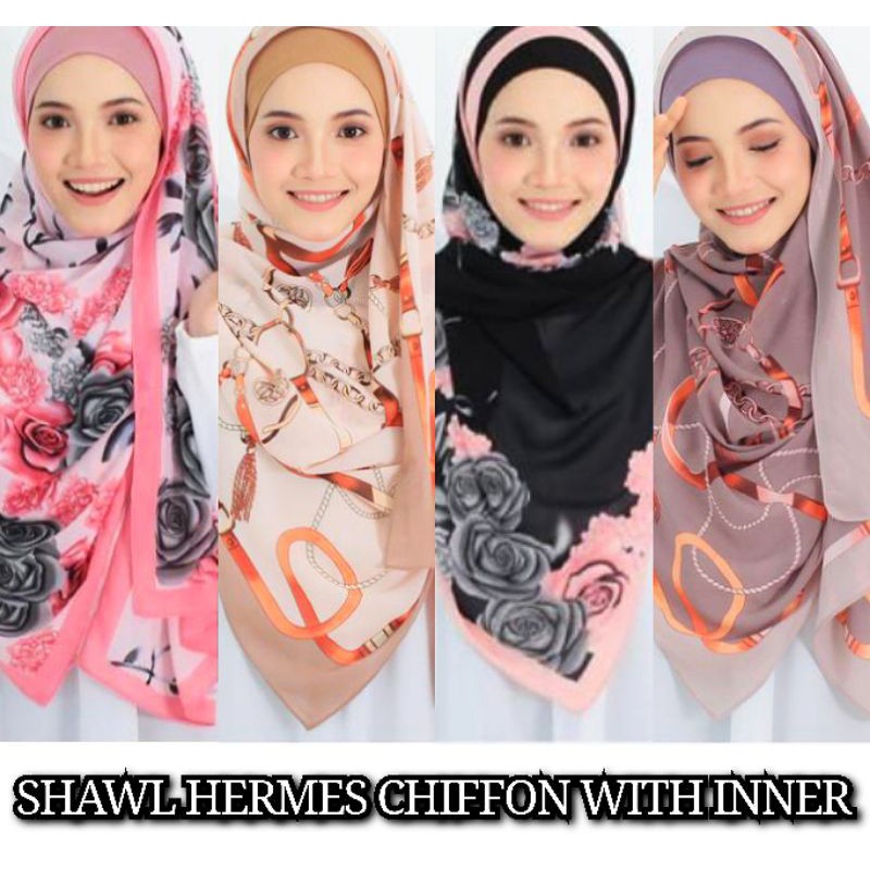 MC Printed shawl Chiffon inner hermes | Hijab | Tudung bawal | Tudung ...