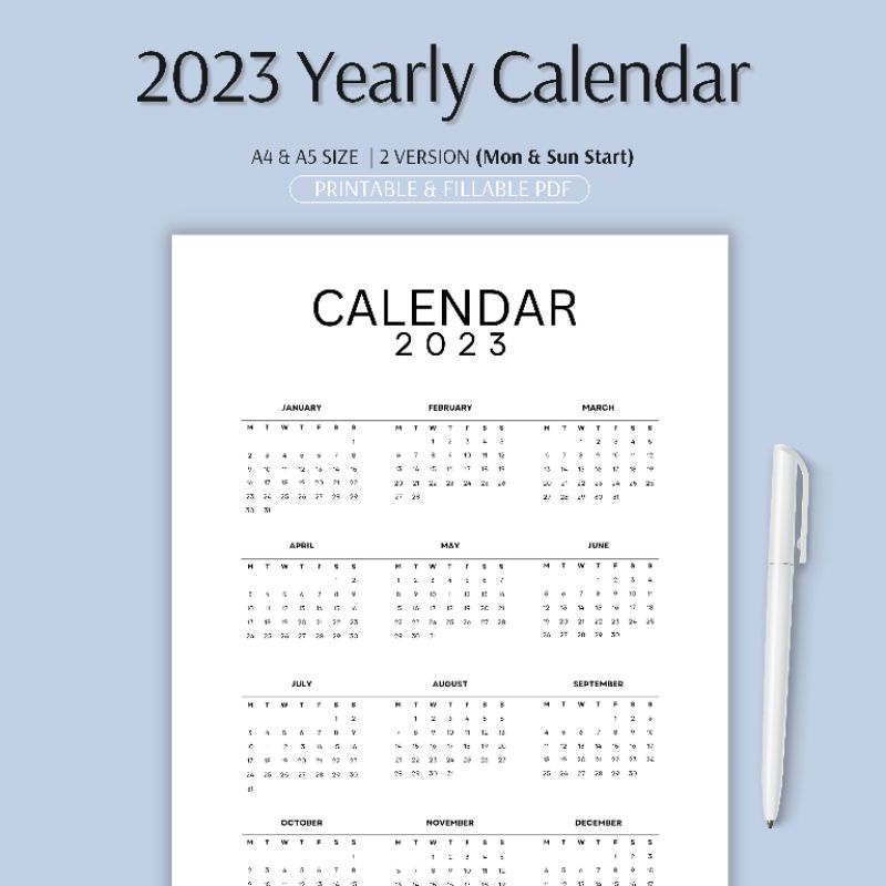 2023 Yearly Calendar Sunday & Monday Starts | Printable & Fillable pdf ...