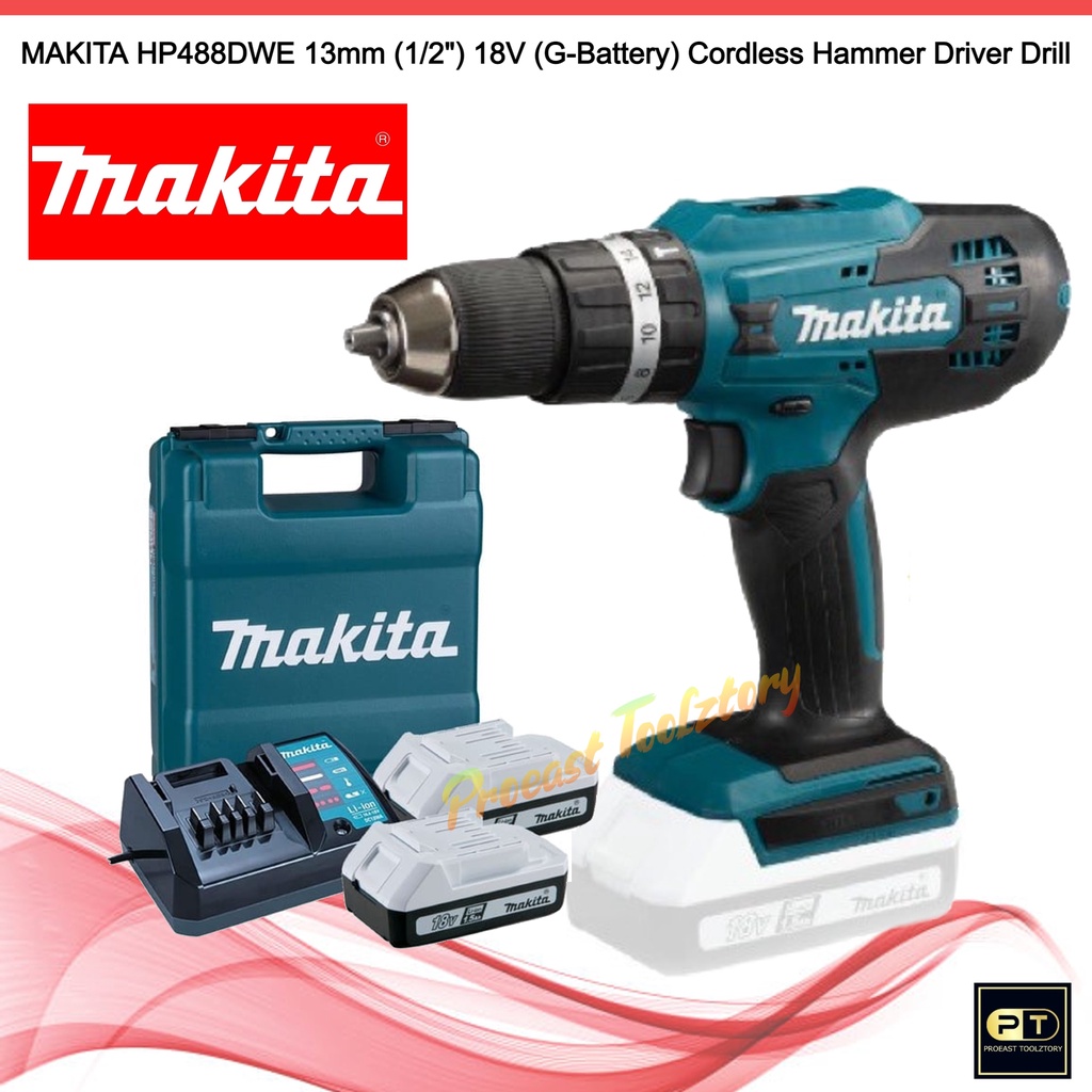 MAKITA HP488DWE 13mm (1/2") 18V (G-Battery) Cordless Hammer Driver Drill | Shopee Malaysia