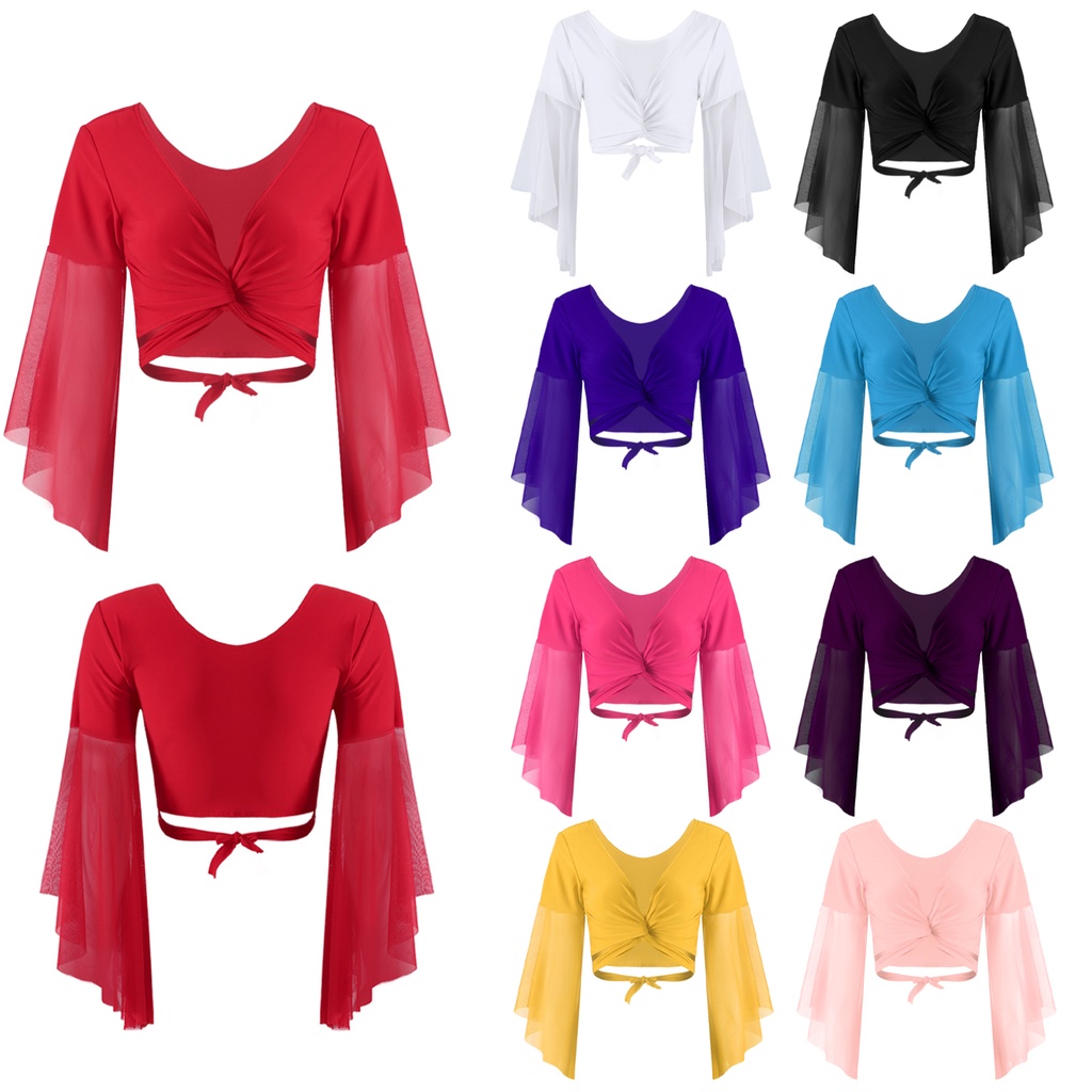 Womens V Neck Lace-up Belly Dance Tops 3/4 Tulle Flared Sleeve Crop Top ...