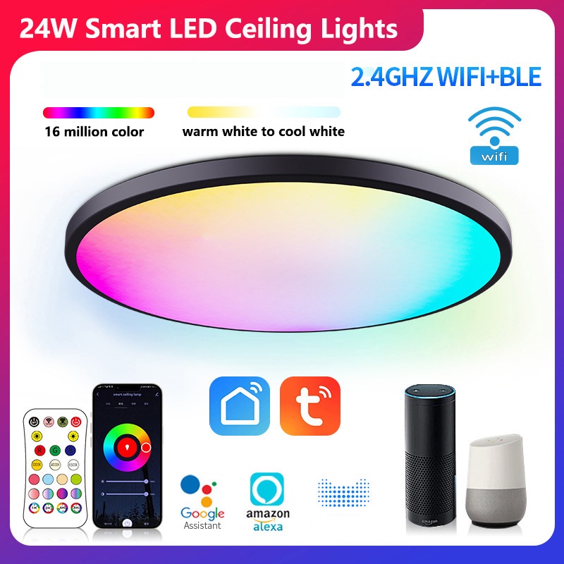 Smart Ceiling Light with WiFi Bluetooth, 24W Dimmable Color Changing ...