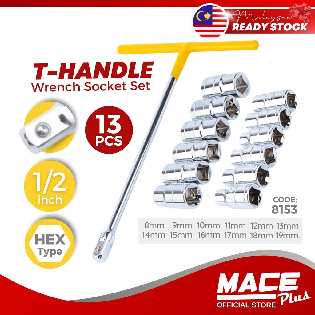 MACE PLUS 13PCS 8153 Wrench Set T Wrench Socket 1/2 T handle Socket Set ...