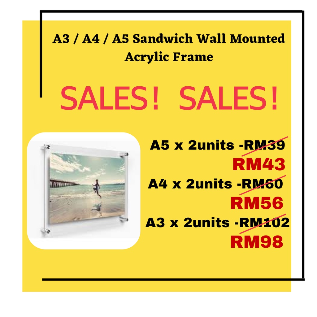 A5/A4/A3 Sandwich Wall Mounted Acrylic Frame / Poster Frame ...