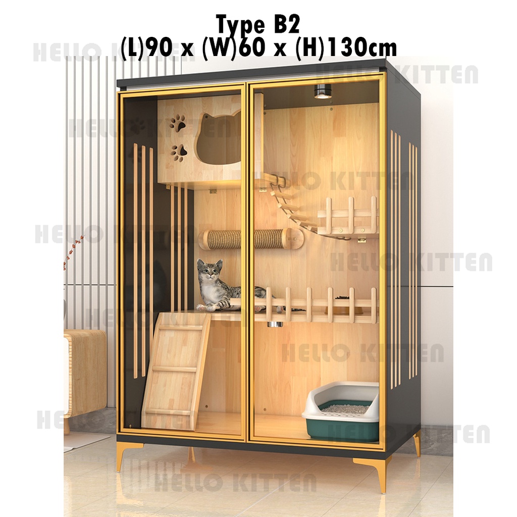 HK Premium Wood Indoor Cat Luxury Villa Cage Tempered Glass Door Extra ...