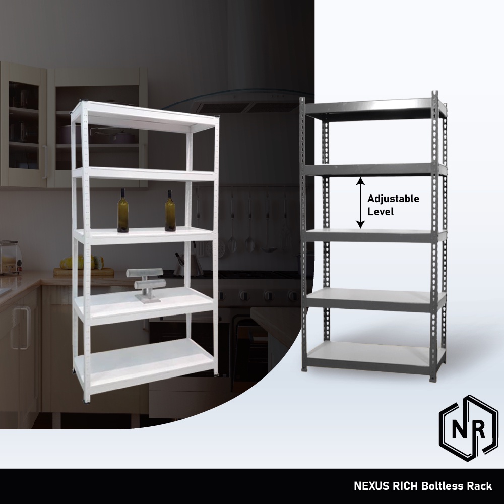 NEXUS [White/Black] Kitchen Rack 5-Level Full Metal Boltless Rack Shelf ...