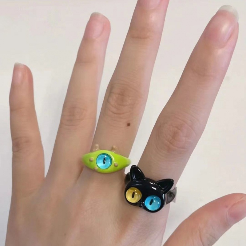 Funny Black Cat Little Monster Big Eyes Adjustable Ring Cute Cartoon ...