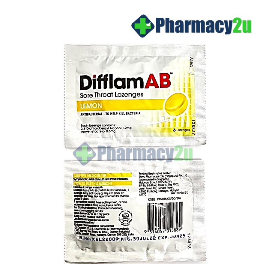 DIFFLAM AB SORE THROAT LOZENGES (BLACKCURRANT /LEMON ) (6S SACHETS/ 12S ...