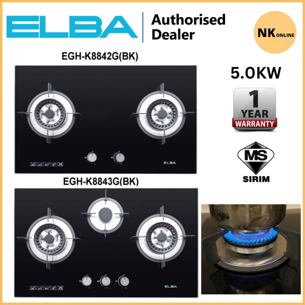 (Free Bubble Wrap) Elba EGH-K8842G(BK) / EGH-K8843G(BK) 2/3 Burners 2 in 1 Glass Stove Gas ...