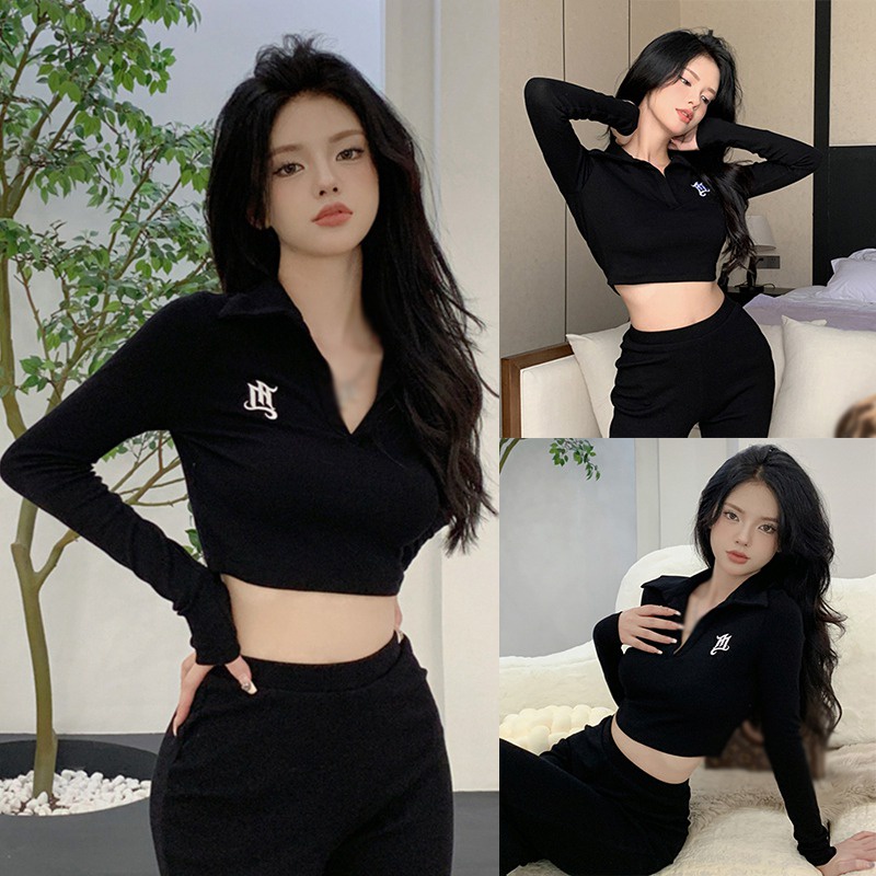 Crop Tops Fashion Korean Long Sleeve T shirt Slim Solid Color Knitted ...