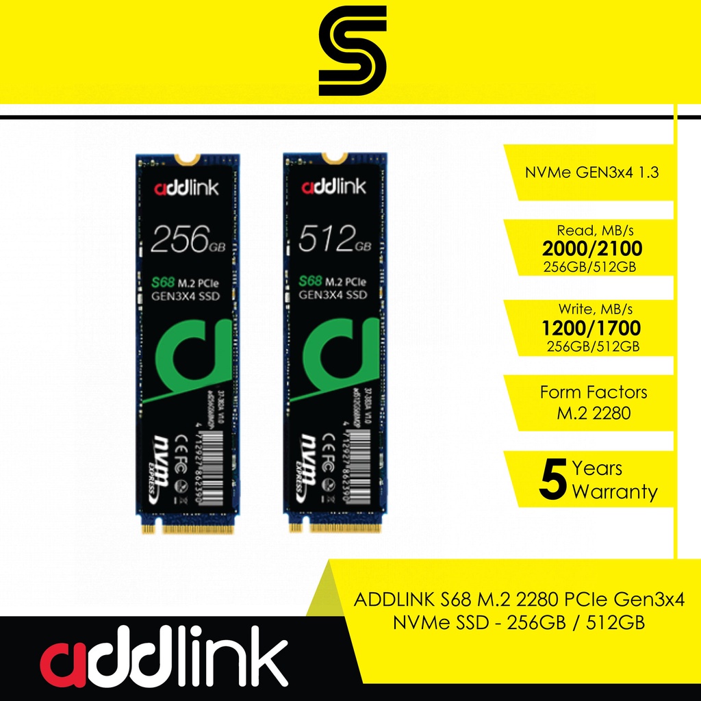 ADDLINK S68 M.2 2280 PCIe Gen3x4 NVMe SSD - 256GB/512GB | Shopee Malaysia