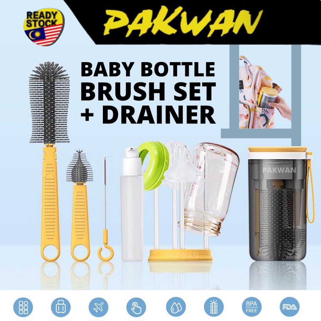 Bottle Cleaning Brush Set Portable Rack Baby Brush Bottle Drying Berus ...