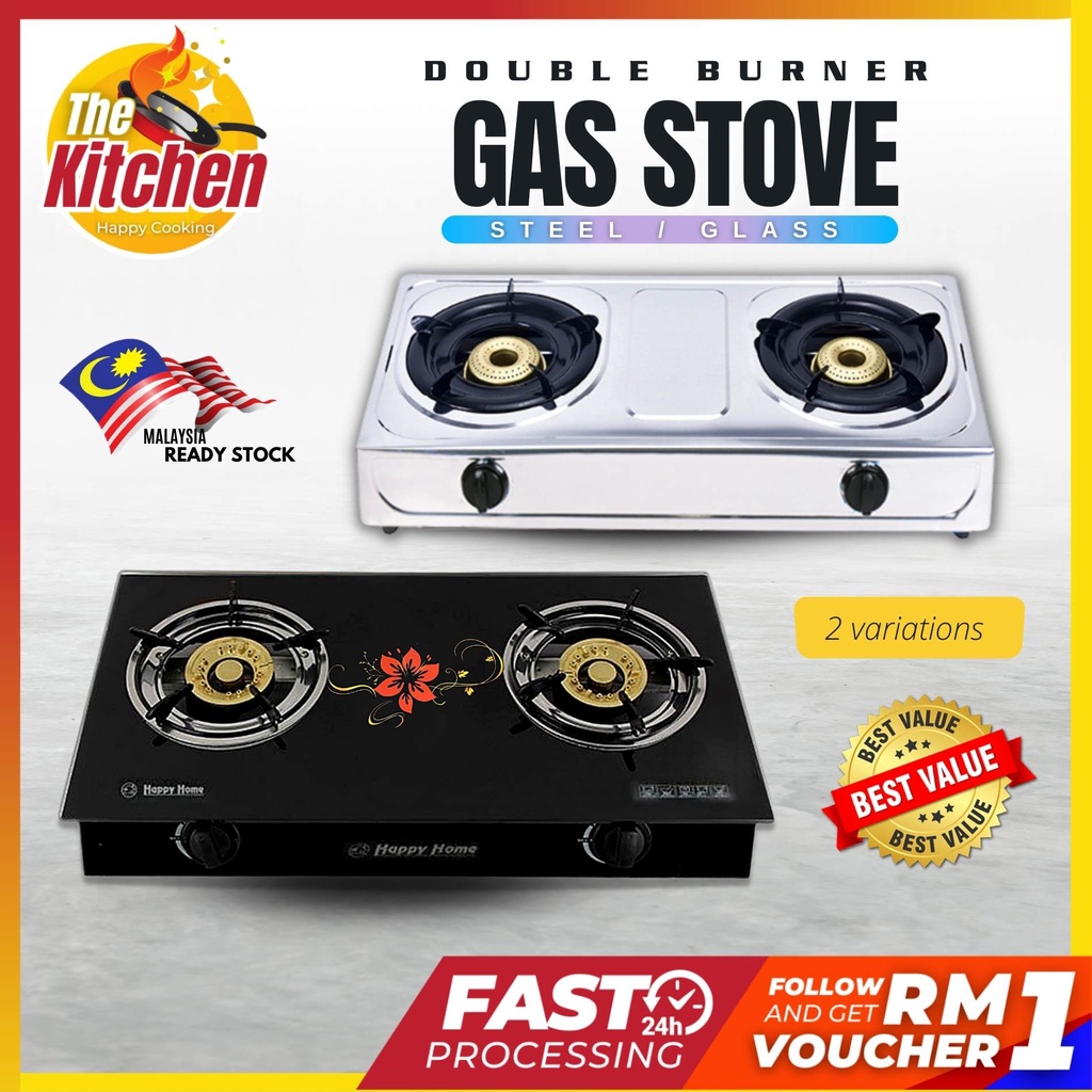 Double Burner Gas Stove Steel Glass Cooker Flame Table Top Dapur Gas ...