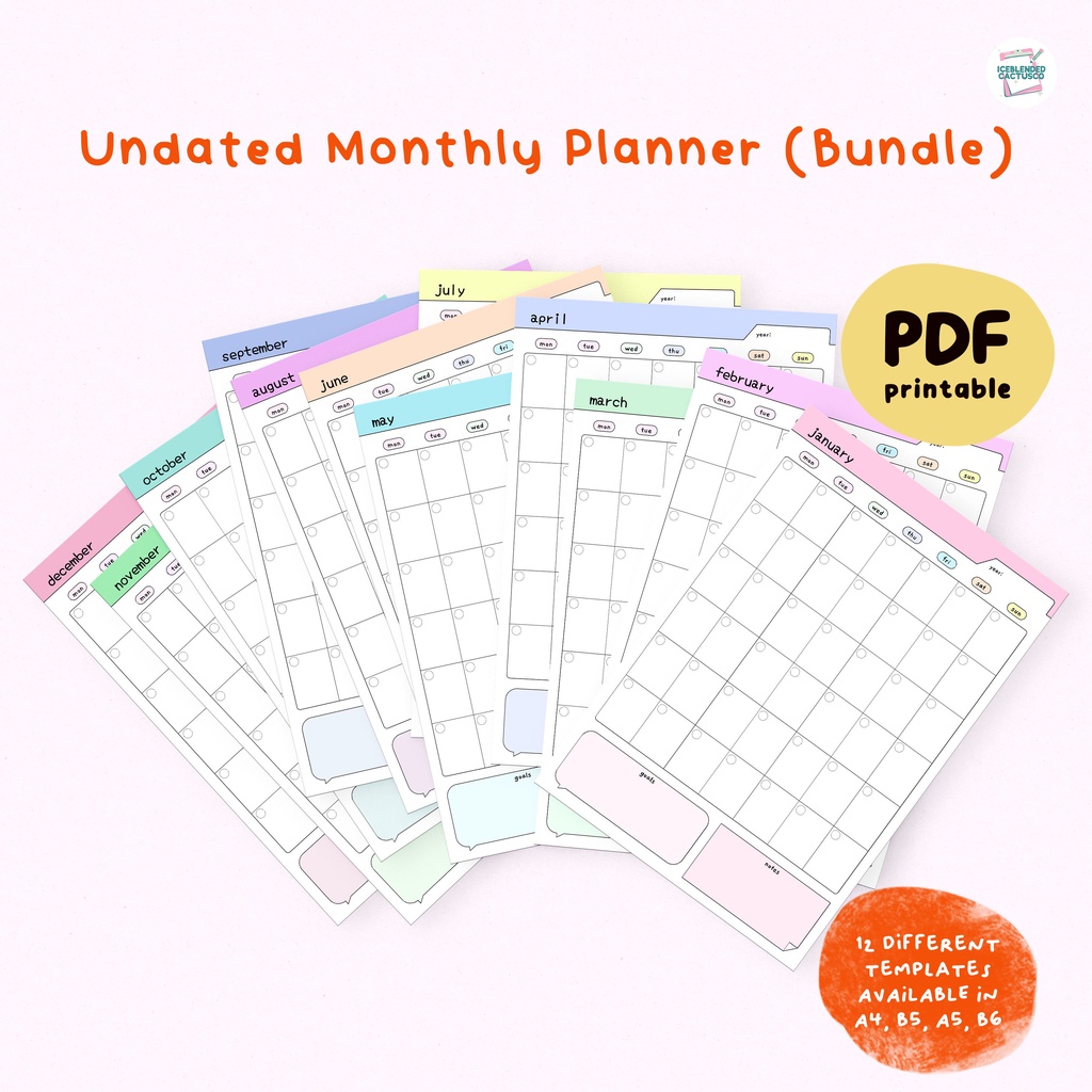 (Series E) Colored/Colorless Monthly Planner (Undated)[Printable PDF ...
