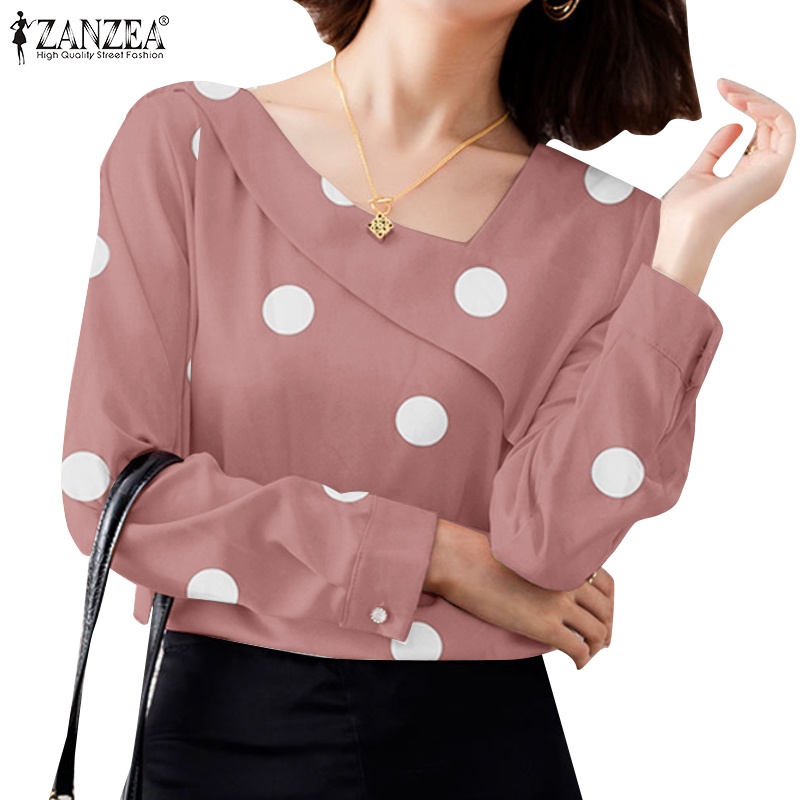 ZANZEA Women Elegant Slant Shoulder Long Sleeves Polka Dot Printed ...