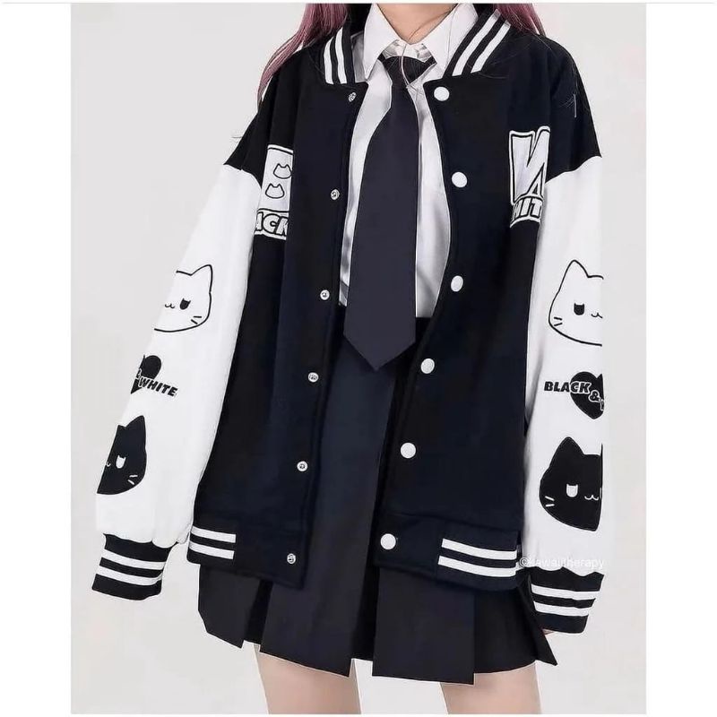 Baseball JACKET BLACK WHITE CUTE CAT VARSITY - JACKET Women Korean ...