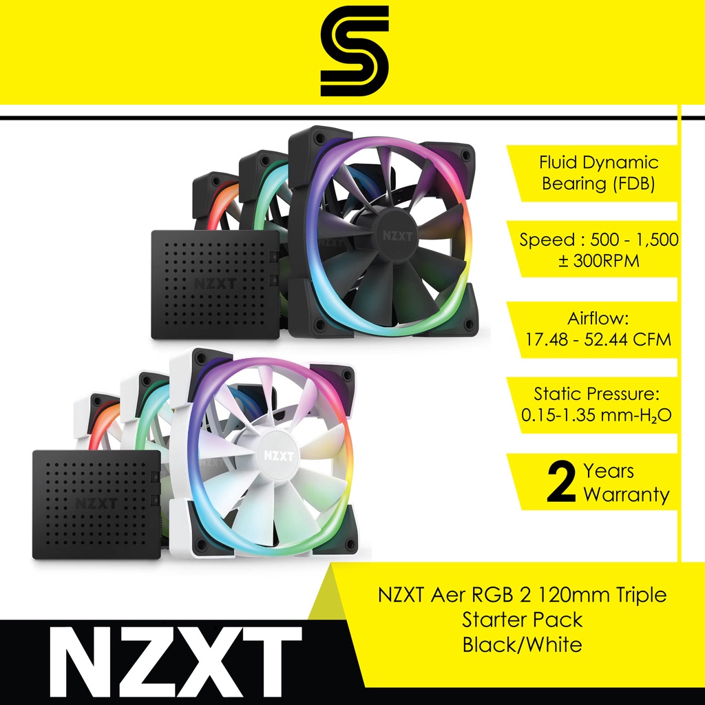 NZXT Aer RGB 2 120mm fans with RGB & Fan Controller Triple Starter Pack ...