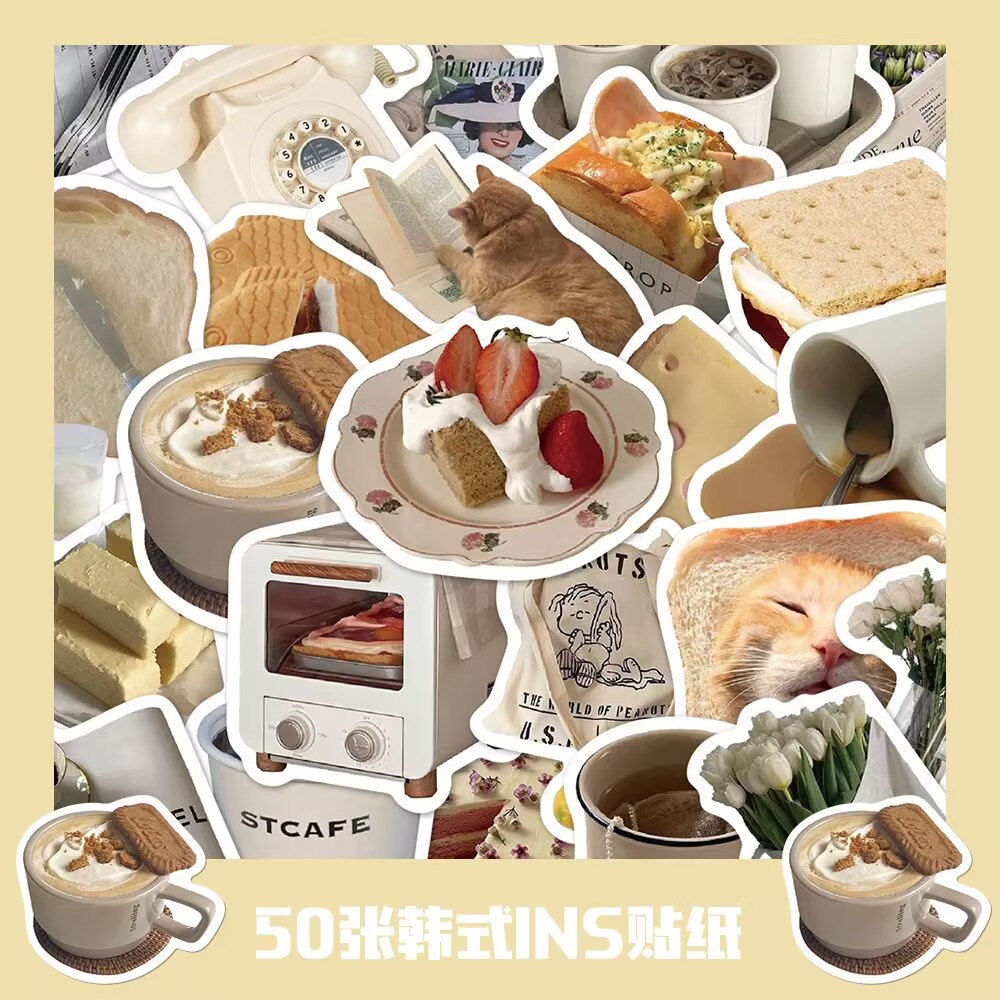 Ohaya 50pcs/set ins French Afternoon Tea Sticker Pack Cookie Toast diy Handbook Laptop ...