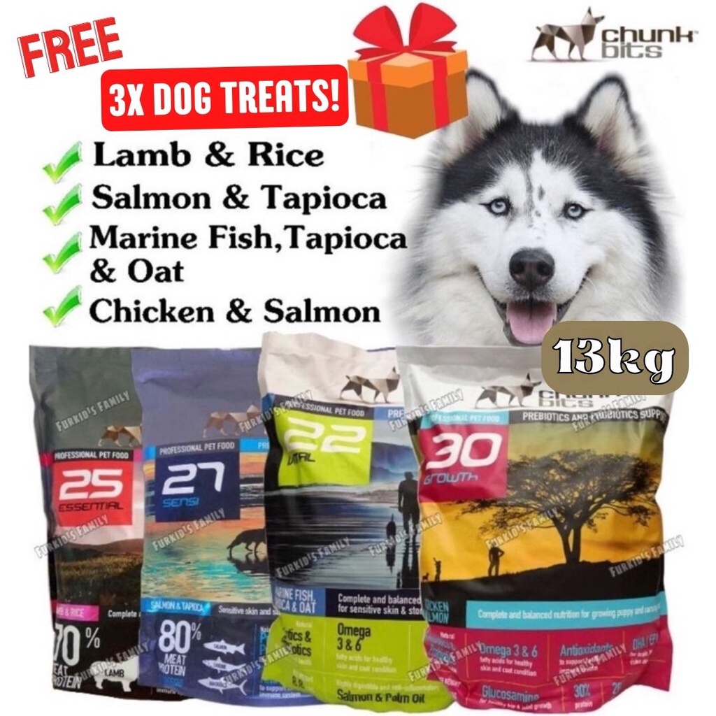 (FREE GIFT x3) Chunk Bits 13kg Dry Dog Food (27 Salmon/25 Lamb/22 ...