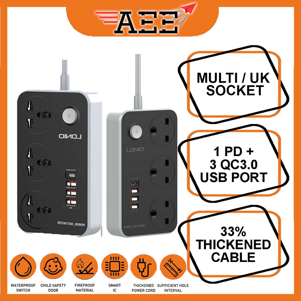 (Original) LDNIO 3 Multi Universal / UK Malaysia with 3 USB & 1 USB-C ...