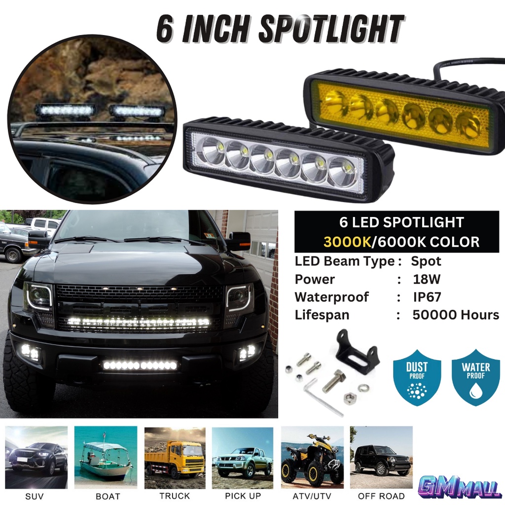6INCH 6 LED 18W SPOTLIGHT BAR Sportlight Fog Lamp Work Light 4x4 Offroad Light Truck Pickup SUV ...