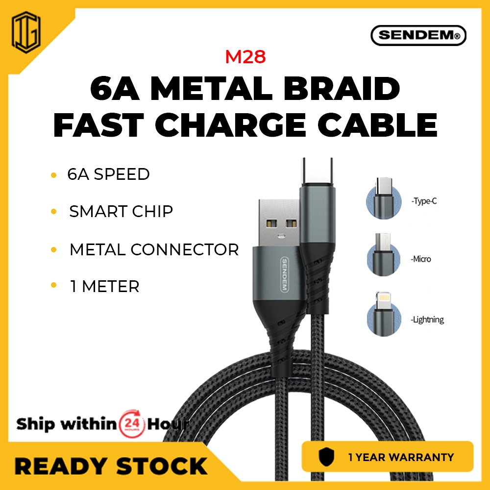 SENDEM M28 6A Metal Braided Fast Charge Cable 6A Speed Smart Chip Metal ...