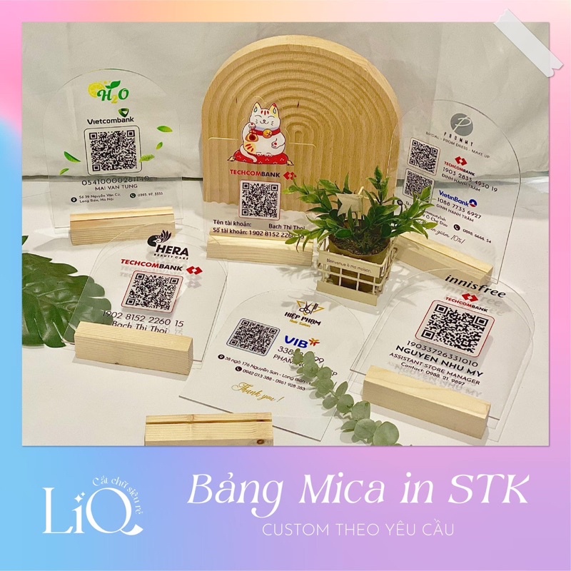 Mica board with QR code and account number printed - Wooden base - Made ...