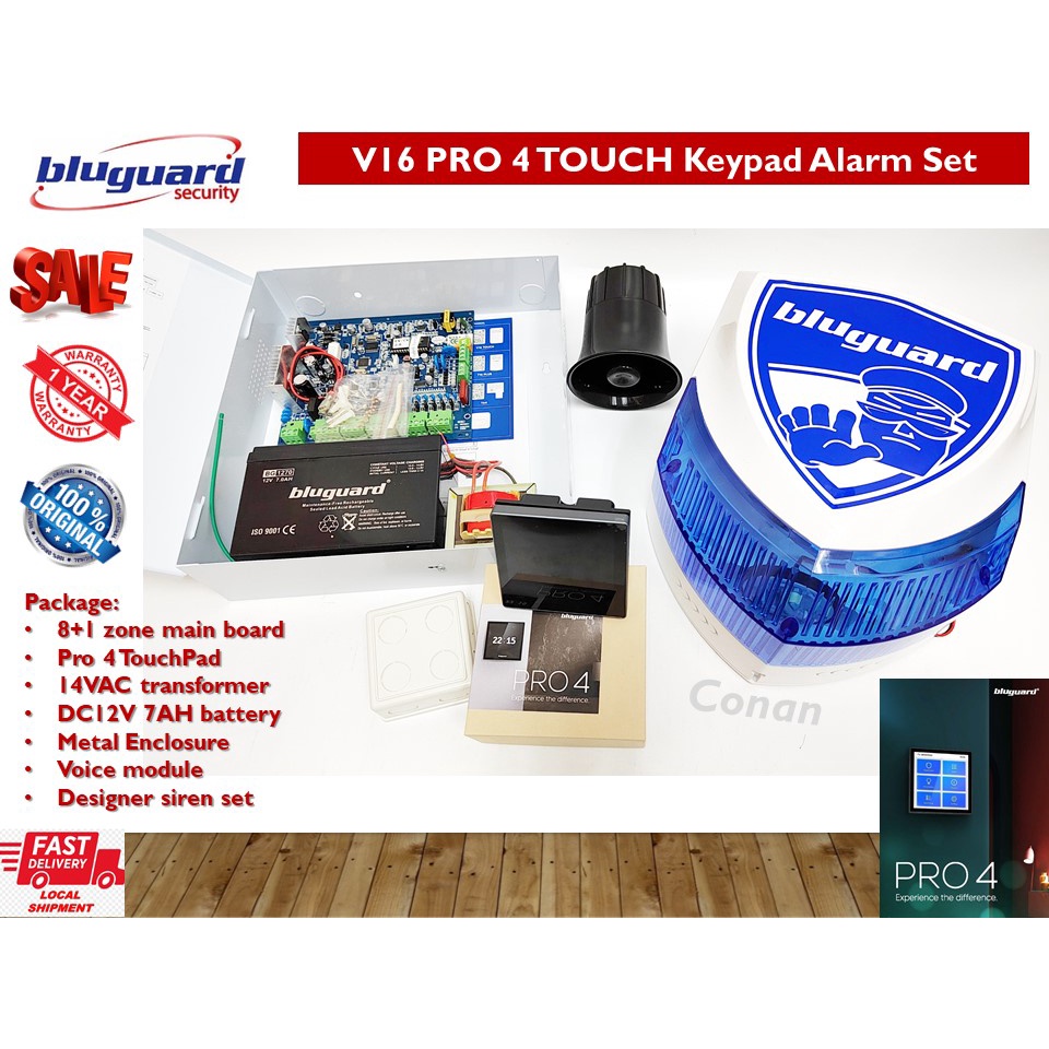 Bluguard V16 PRO 4 Touch Keypad 9 Zone Security Home Alarm System Package - Wired Alarm System ...