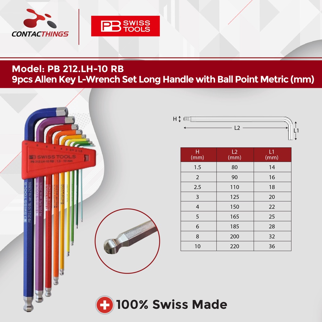 PB SWISS TOOLS 9pcs Allen Key L-Wrench Set Long Handle with Ball Point Metric (mm) PB 212.LH-10 ...