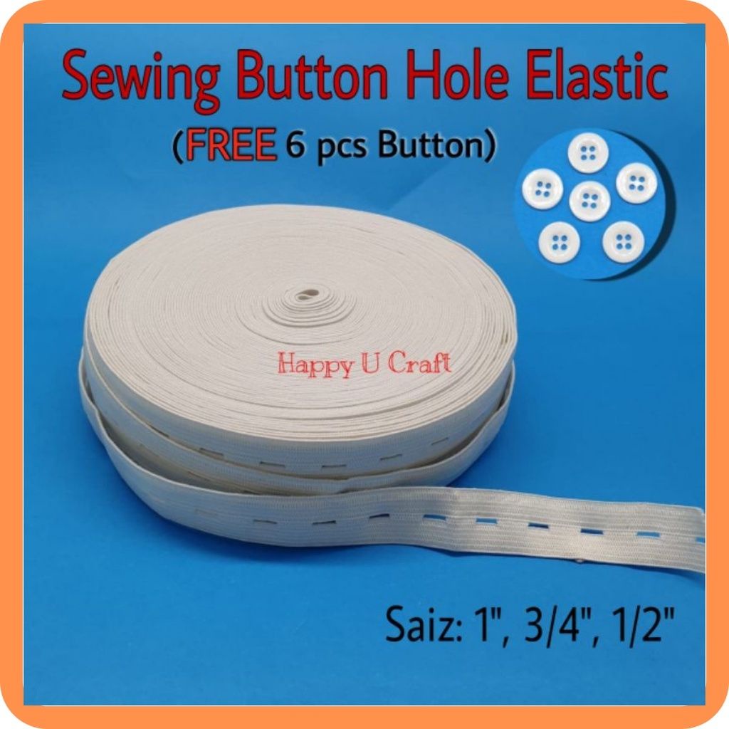 (3 meter/ pkt) **Free 6 pcs Button** Getah Berlubang (Putih) / Sewing Button Hole Elastic Band ...