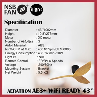 NSB FAN AERATRON AE3+ Wifi Ready / Wifi+Module 43 / 50 / 60 Inches DC ...