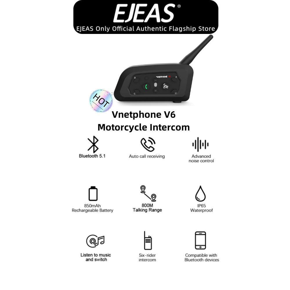 Vnetphone V6 Motorcycle Helmet Bluetooth Intercom Headset Waterproof ...