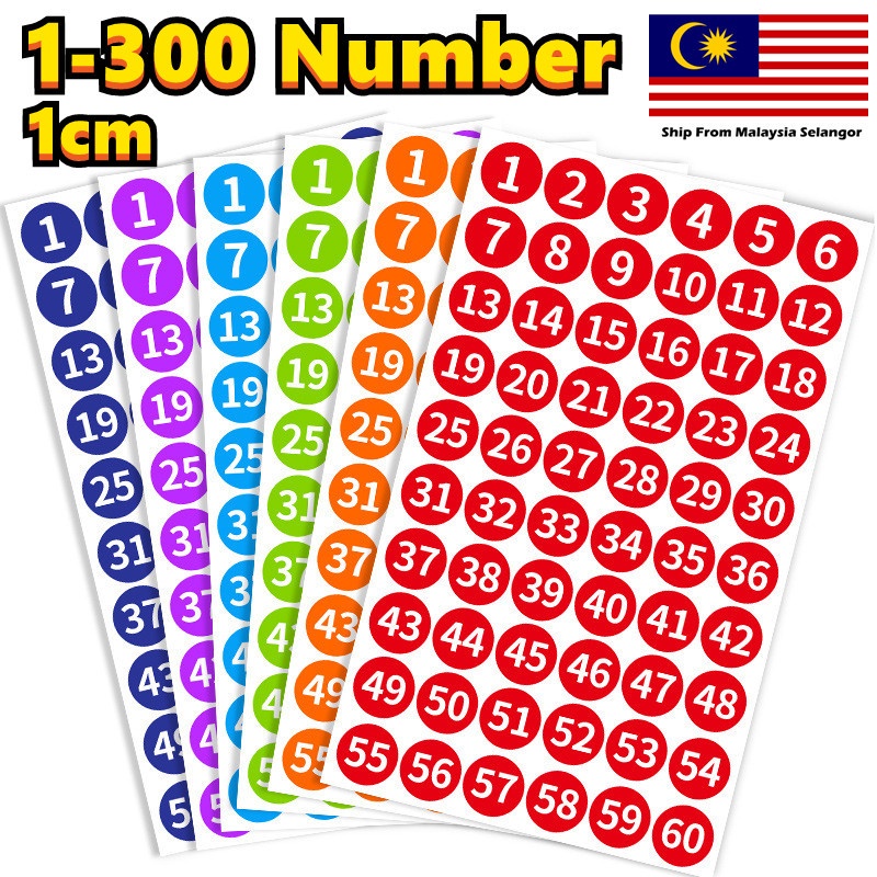 1cm 1-300 Small Size Number Flow Sticker Stick Label Consecutive Nombor ...
